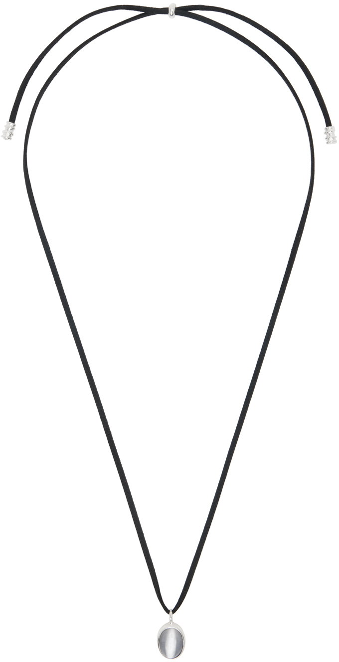 Black Gemstone Leather Strap Necklace by Youth on Sale