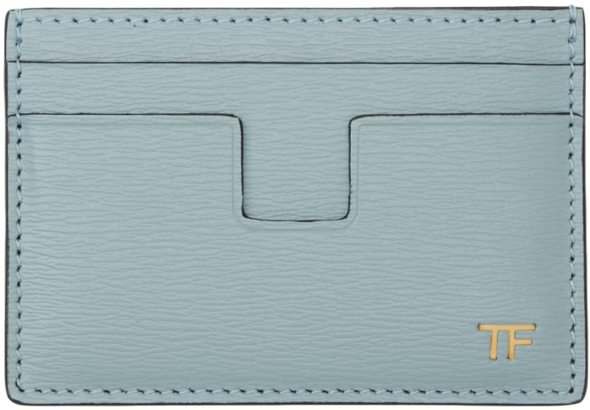 TOM FORD: Blue Horizontal Grained Leather T Line Card Holder | SSENSE