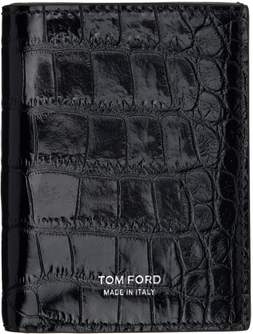 TOM FORD: Black Shiny Printed Croc T Line Folding Wallet | SSENSE Canada