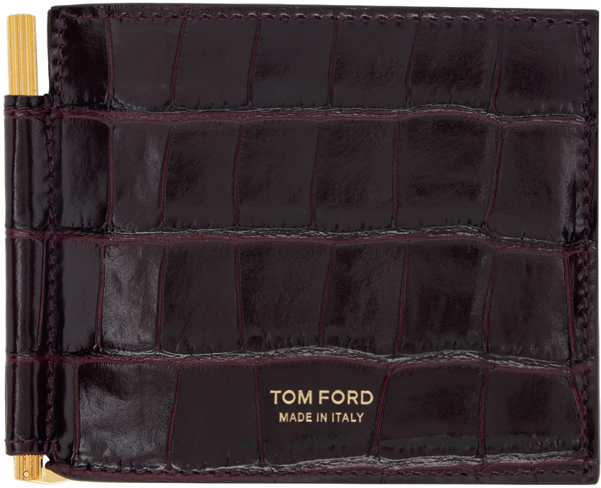 TOM FORD: Burgundy Shiny Croc T Line Money Clip Wallet | SSENSE UK