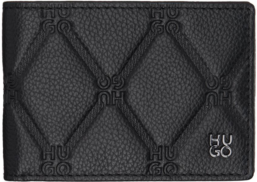 Hugo: Black Leather All-Over Stacked Logos Wallet | SSENSE