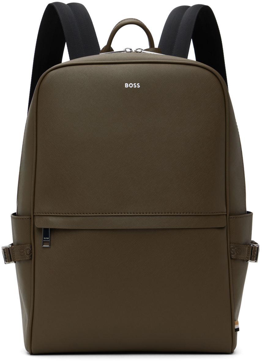 BOSS: Khaki Signature Stripe Logo Detail Backpack | SSENSE Canada