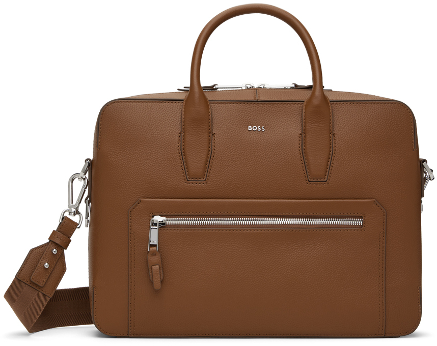 BOSS: Brown Grained Briefcase | SSENSE