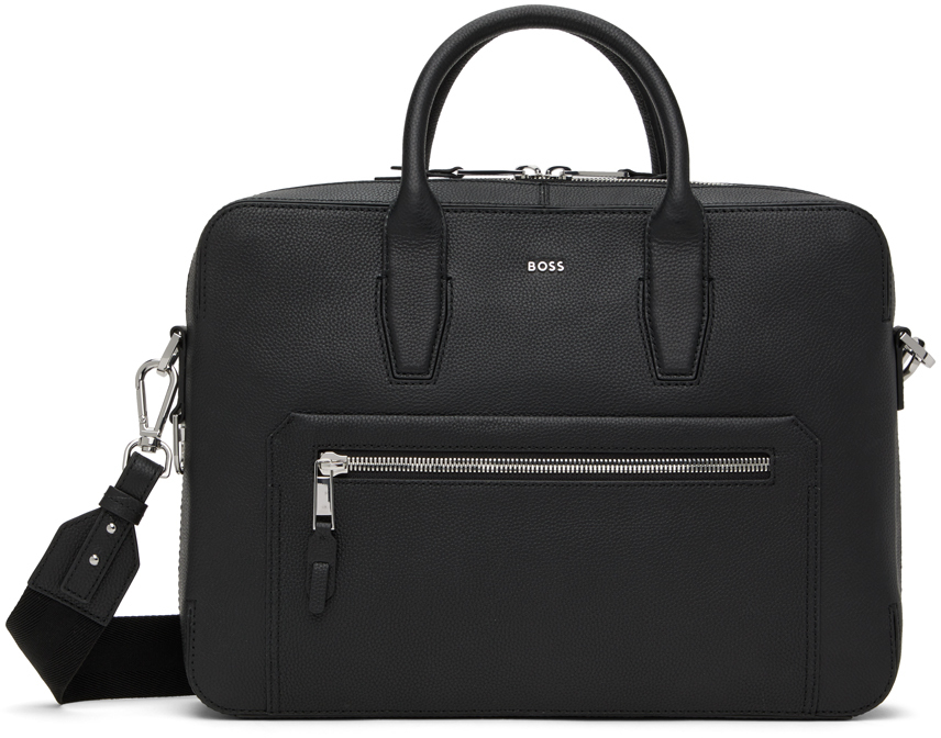Black Grained Leather Briefcase by BOSS on Sale