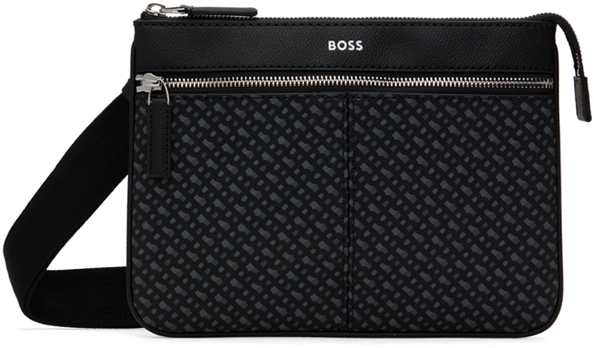 Black Monogram Pattern Envelope Bag by BOSS on Sale