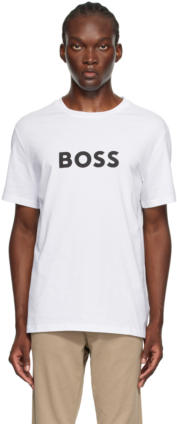 BOSS: ホワイト ロゴプリント Tシャツ | SSENSE 日本