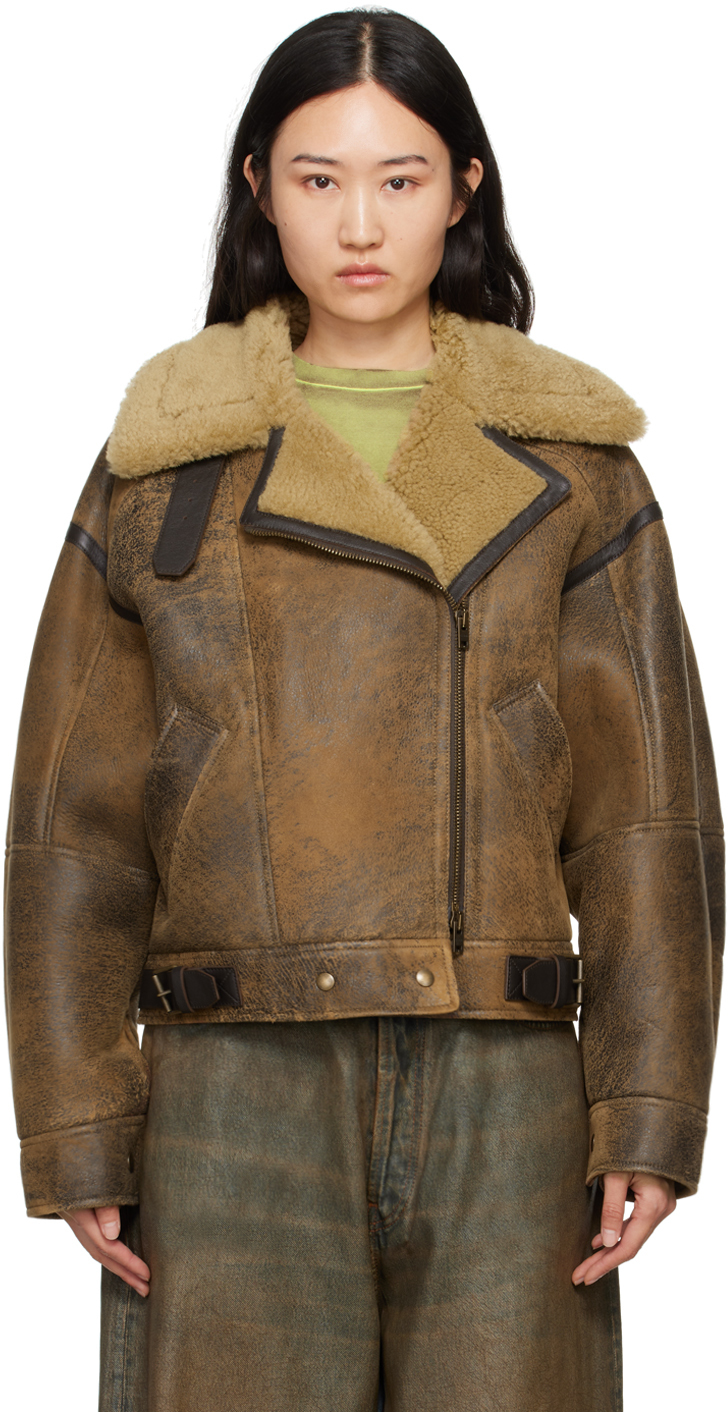 Acne Studios: Brown Shearling Leather Jacket | SSENSE Canada