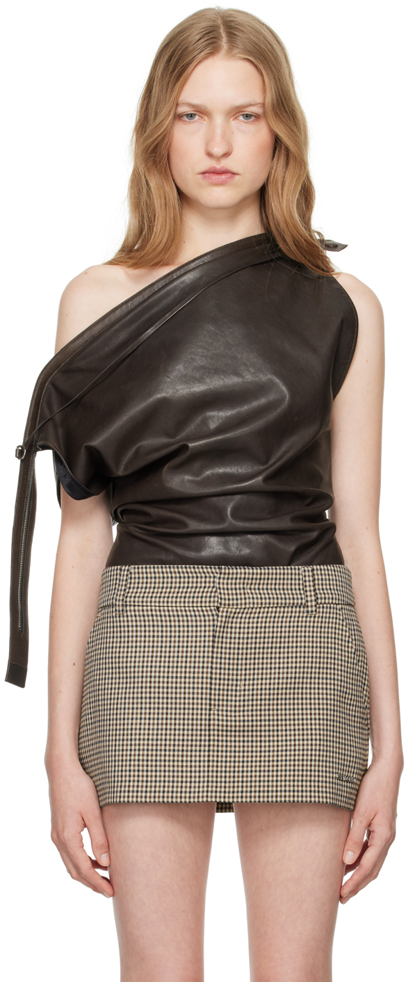 Acne Studios: Brown Off Shoulder Leather Bodysuit | SSENSE