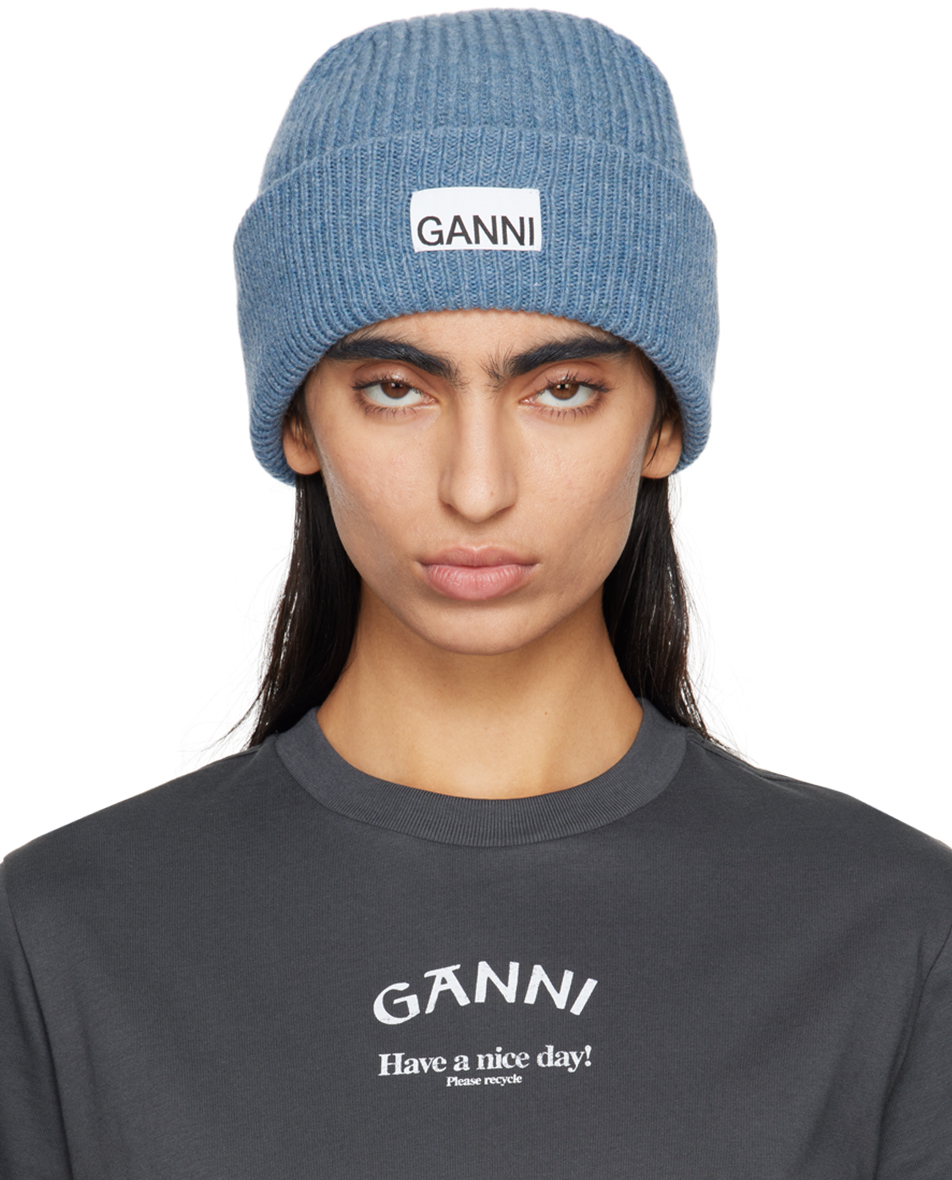 GANNI: Blue Fitted Wool Rib Knit Beanie | SSENSE