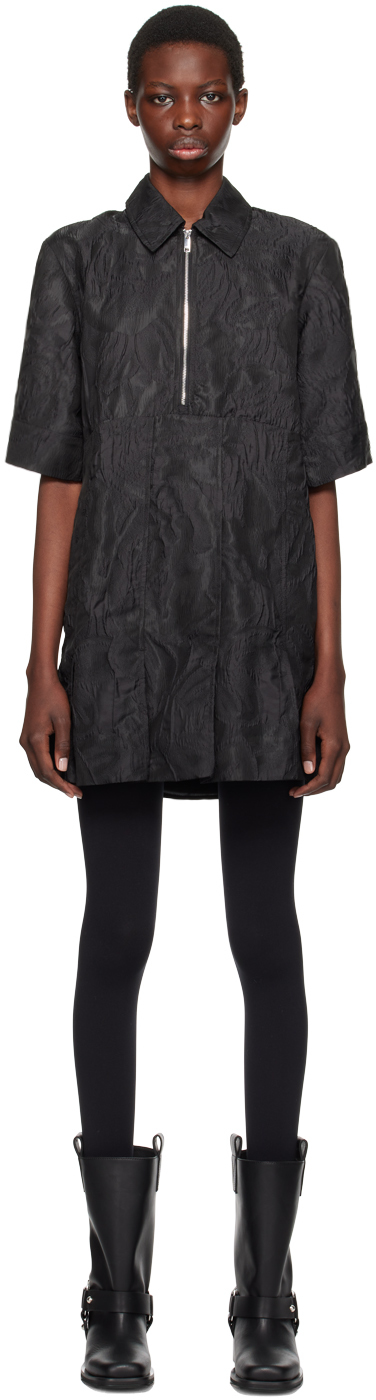 GANNI: Black Cloqué Pleated Minidress | SSENSE
