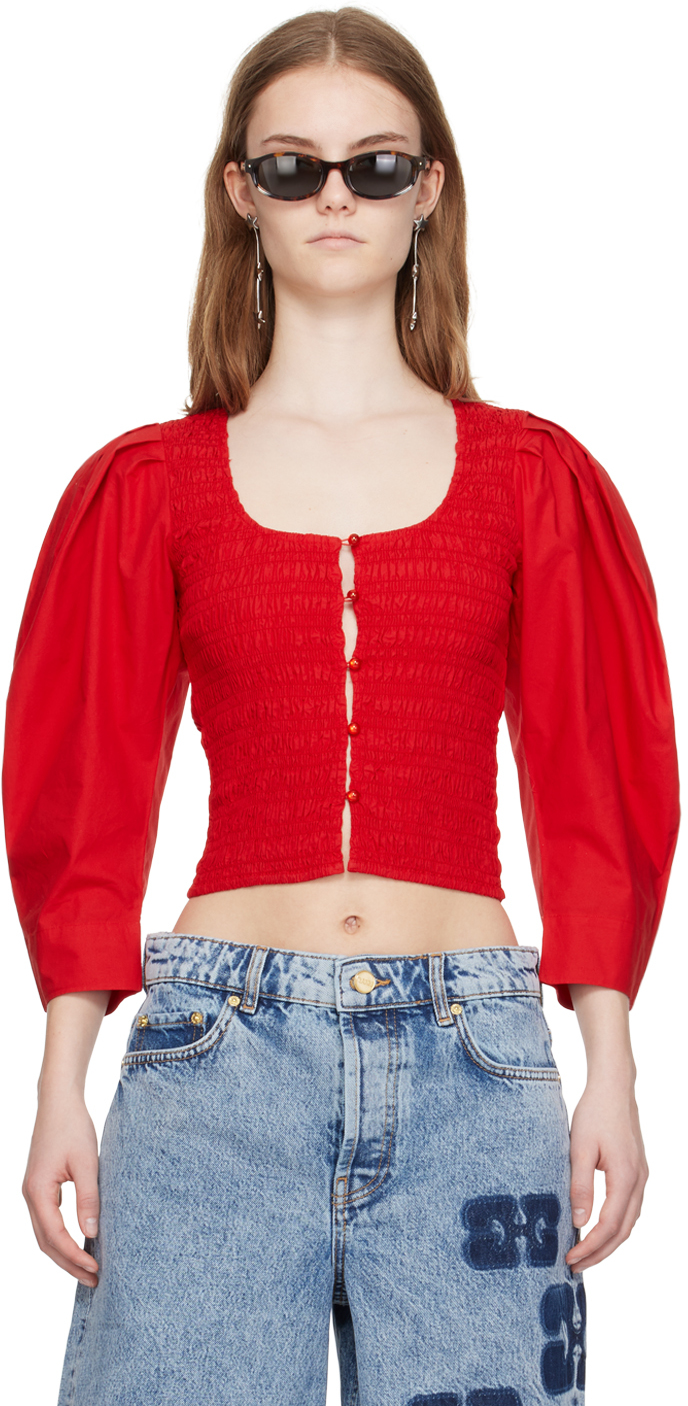GANNI: Red Smocked Blouse | SSENSE