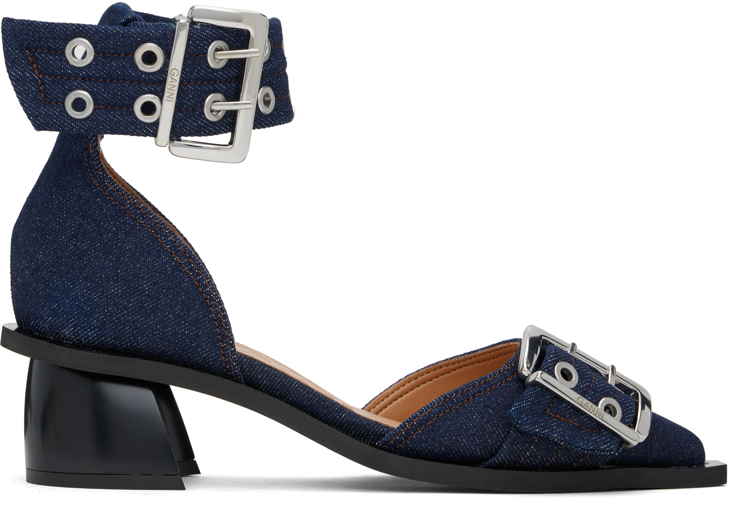 GANNI: Navy Feminine Buckle Open Cut Heels | SSENSE