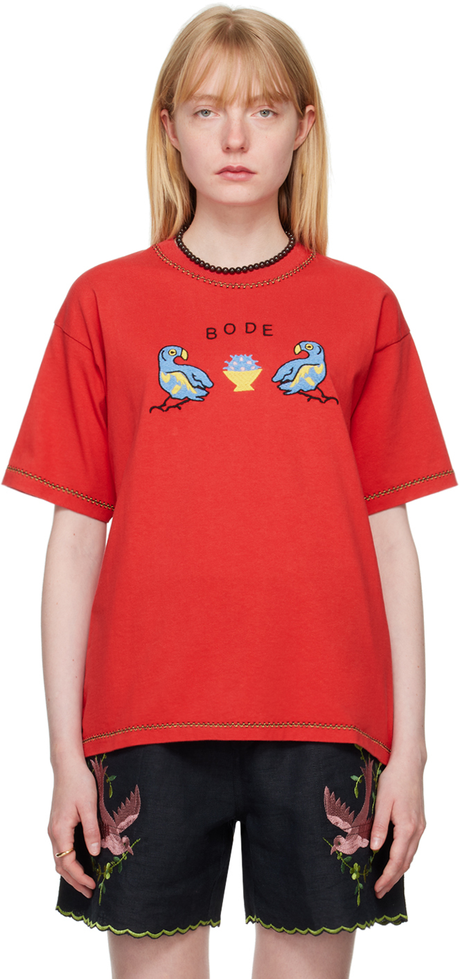 Bode: Red Twin Parakeet T-Shirt | SSENSE