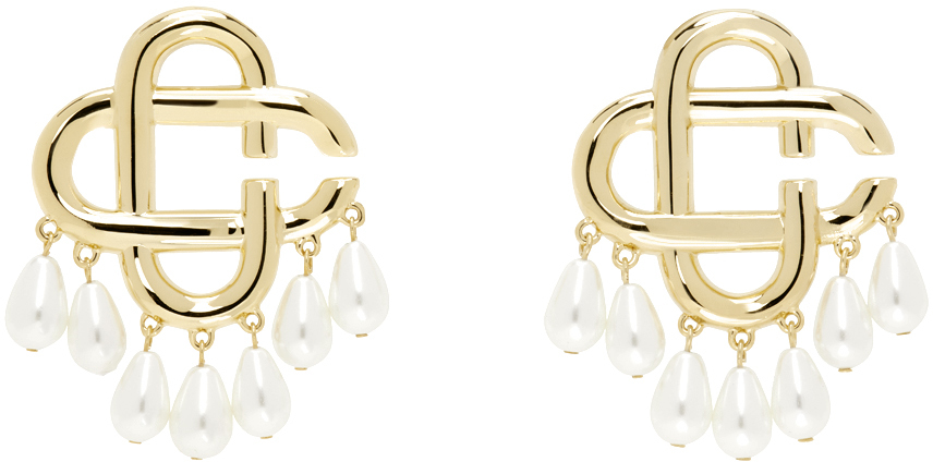 Casablanca: Gold Pearl Drop Logo Earrings | SSENSE UK