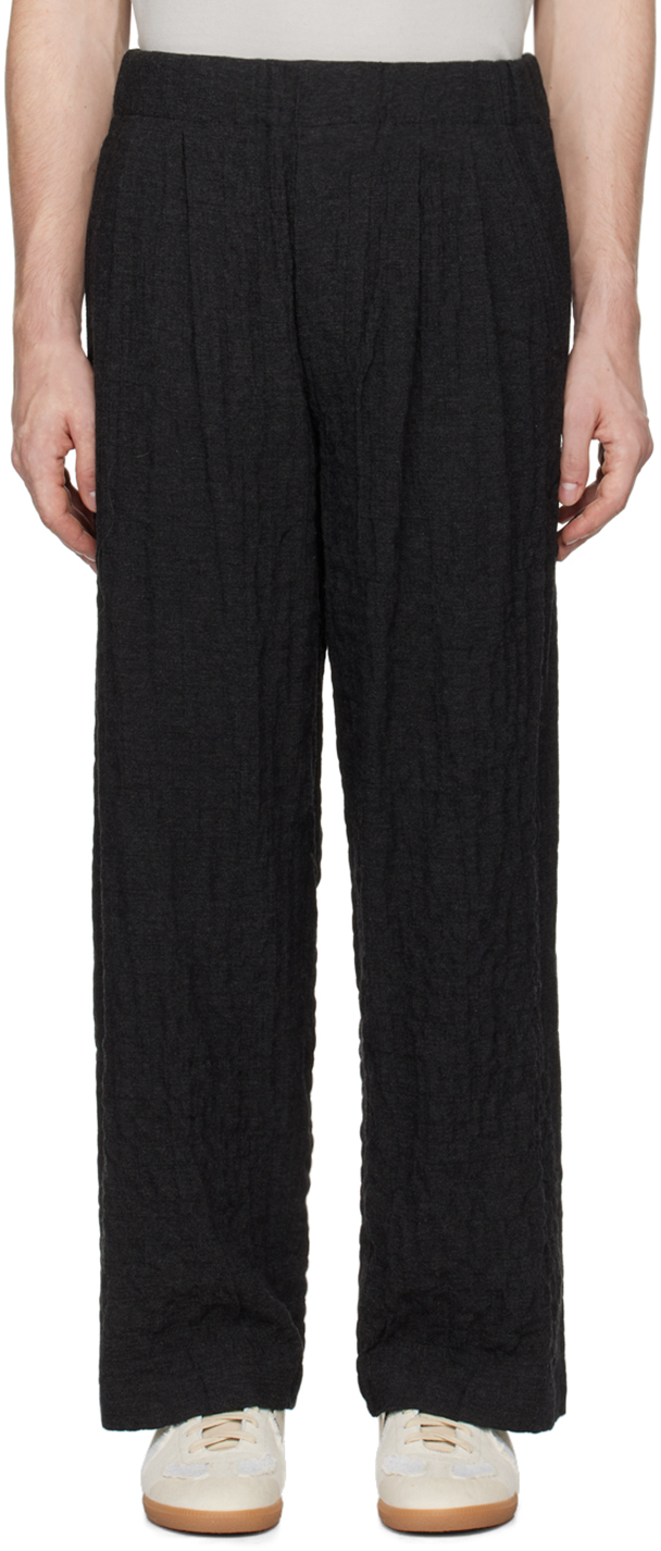 DOCUMENT: Gray Wool Cotton Tucked Easy Trousers | SSENSE