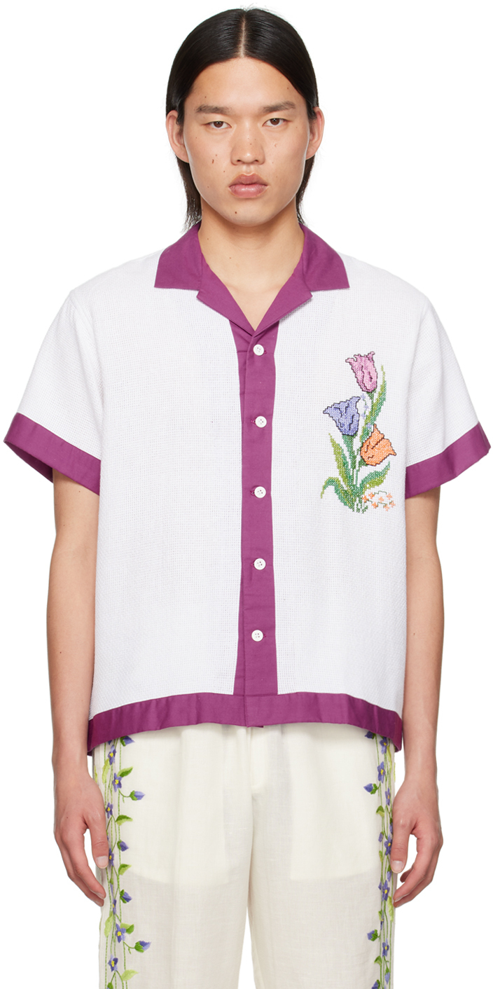 HARAGO: White & Purple Cross-Stitched Shirt | SSENSE
