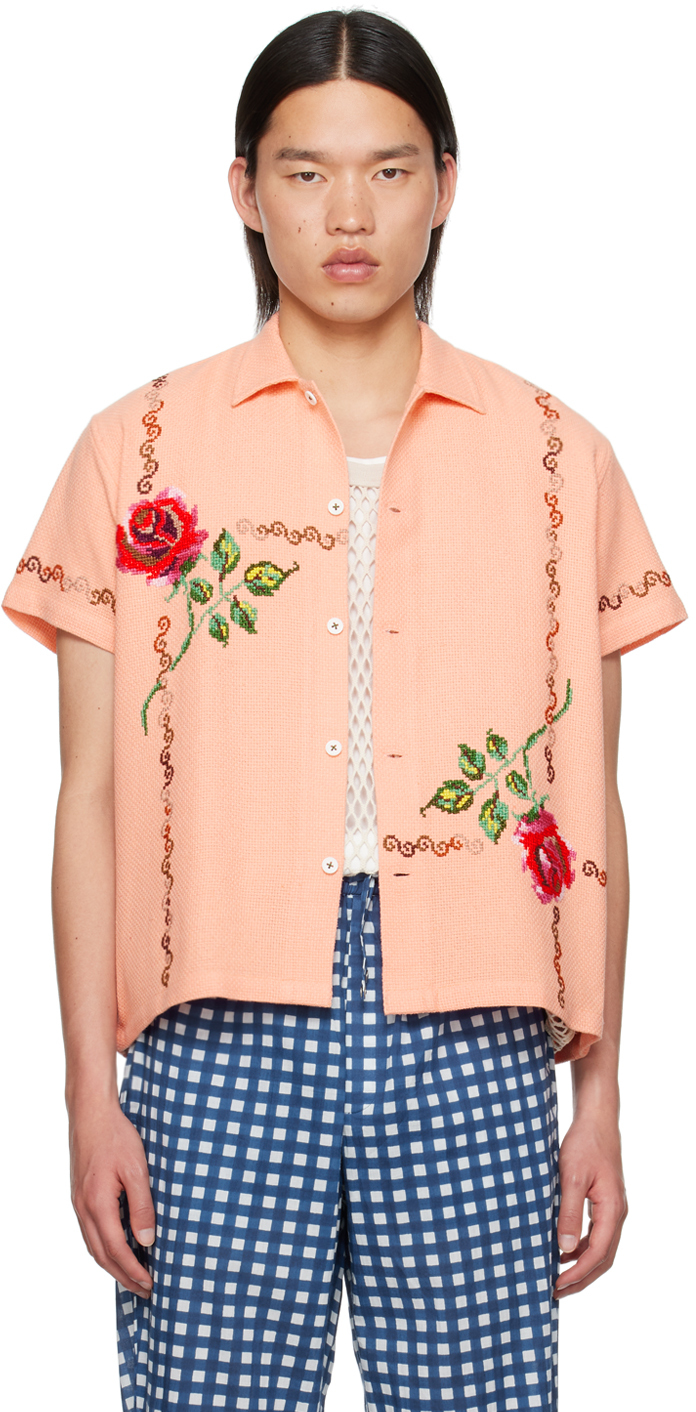 HARAGO: Orange Cross-Stitched Shirt | SSENSE