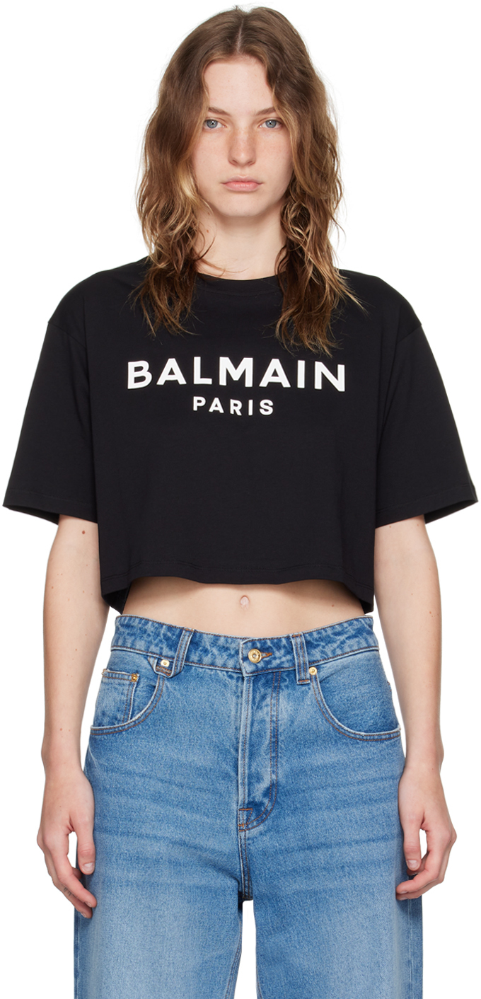 Balmain: Black 'Balmain Paris' Cropped T-Shirt | SSENSE