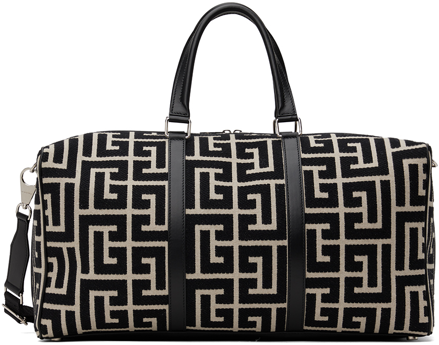 Balmain: Black & Off-White Monogram Duffle Bag | SSENSE