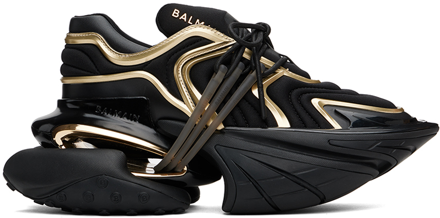 Balmain: Baskets Unicorn noir et doré à garnitures ondulées | SSENSE France