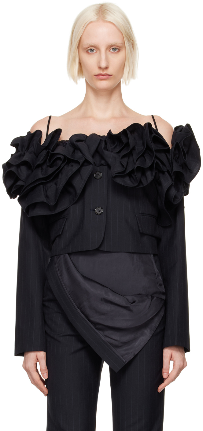 Navy Off The Shoulder Frill Jacket by Pushbutton on Sale