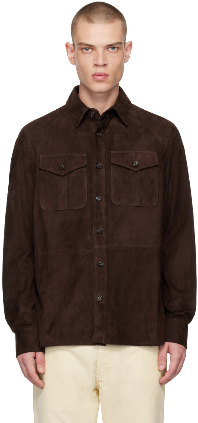 Ralph Lauren Purple Label: Brown Spread Collar Suede Jacket | SSENSE