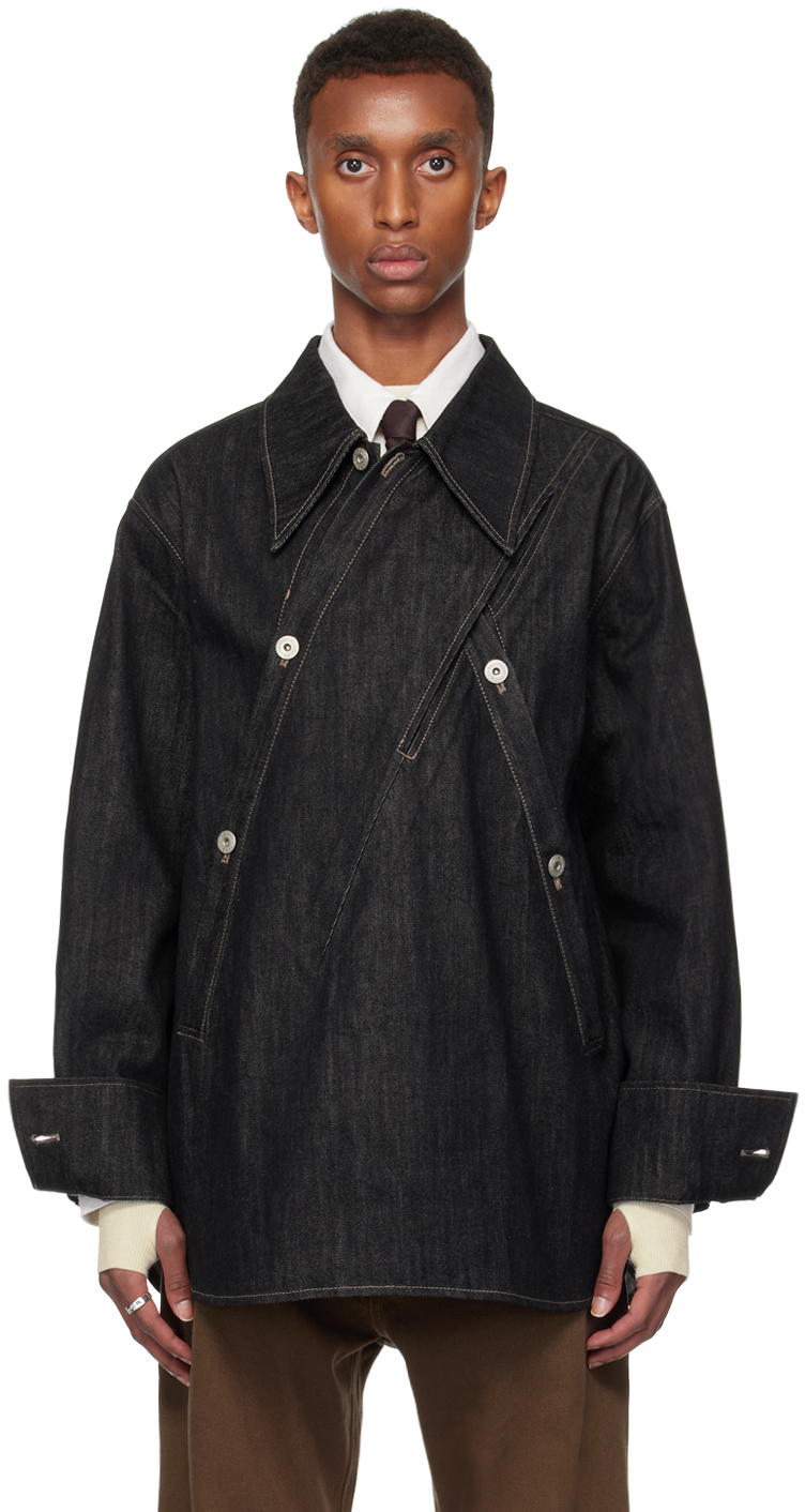 NULLUS: SSENSE限定 ブラック オーバーオール セルビッジデニム シャツ | SSENSE 日本
