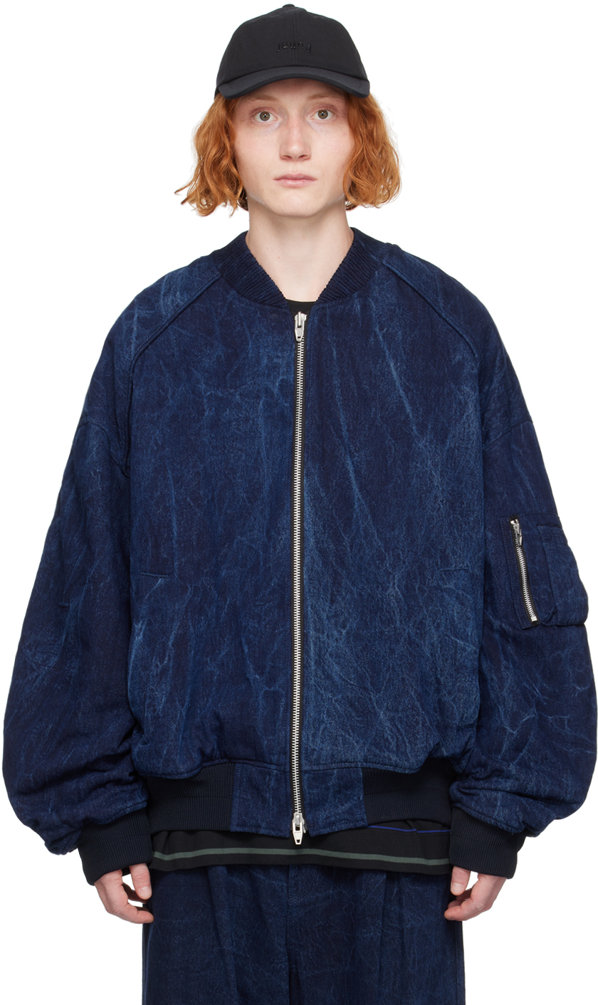 Blue Oil-Washed Denim Bomber Jacket by Juun.J on Sale