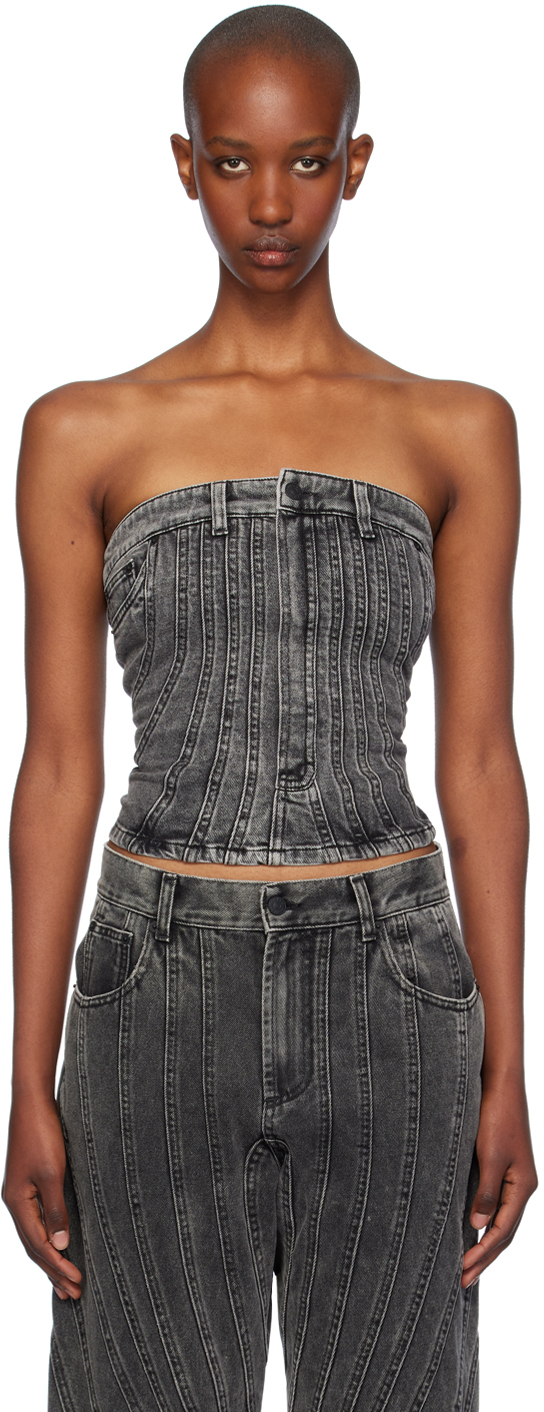 Gray Spiral Denim Bustier by Mugler on Sale