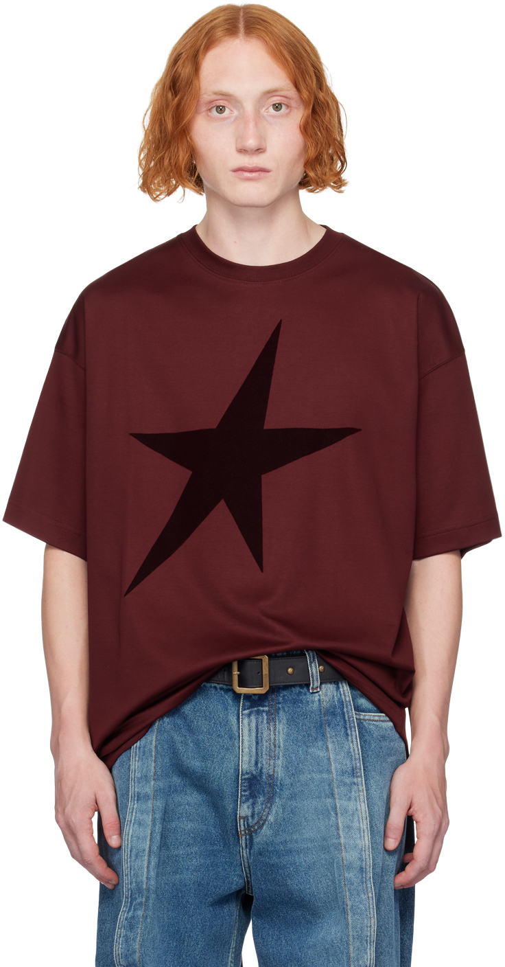 Mugler: Burgundy Velvet Star T-Shirt | SSENSE