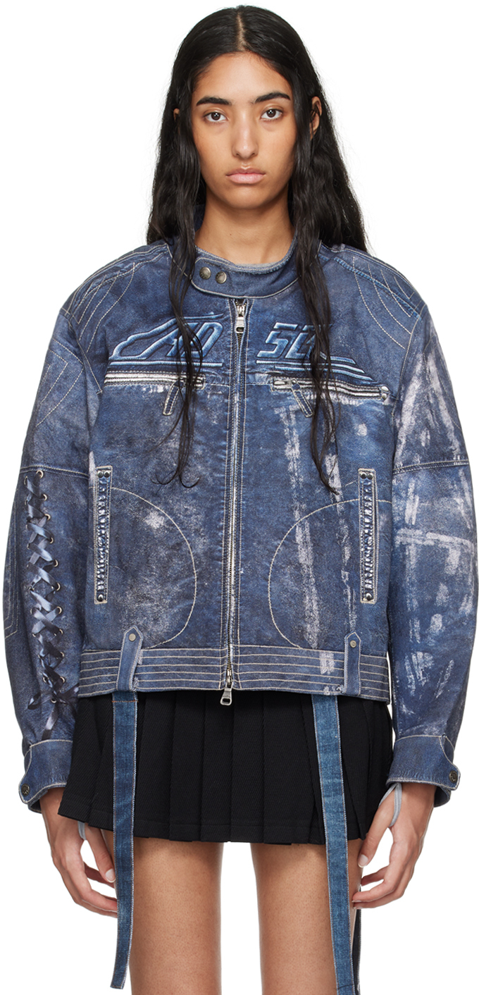 Andersson Bell: Navy Trompe L'œil Rider Denim Jacket | SSENSE
