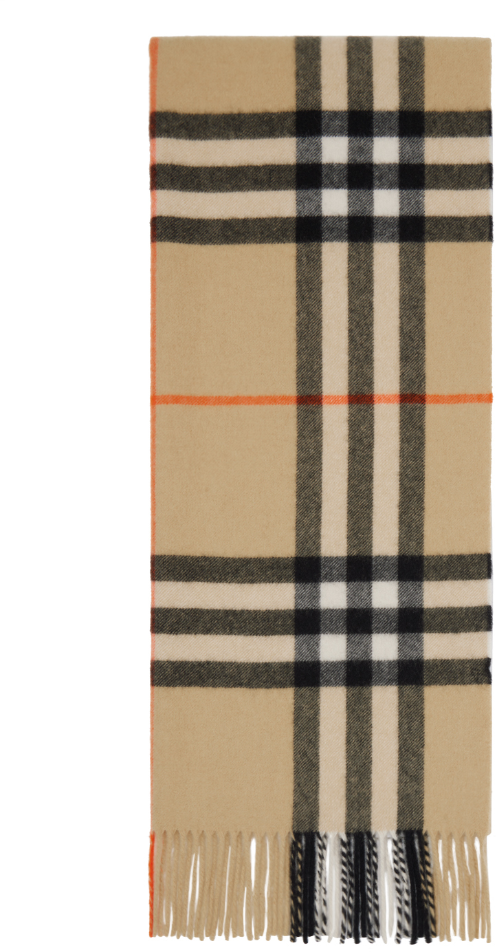 Burberry: Beige Wide Check Cashmere Scarf | SSENSE