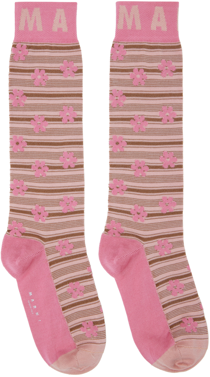 Marni: Pink Flower Jacquard Socks | SSENSE