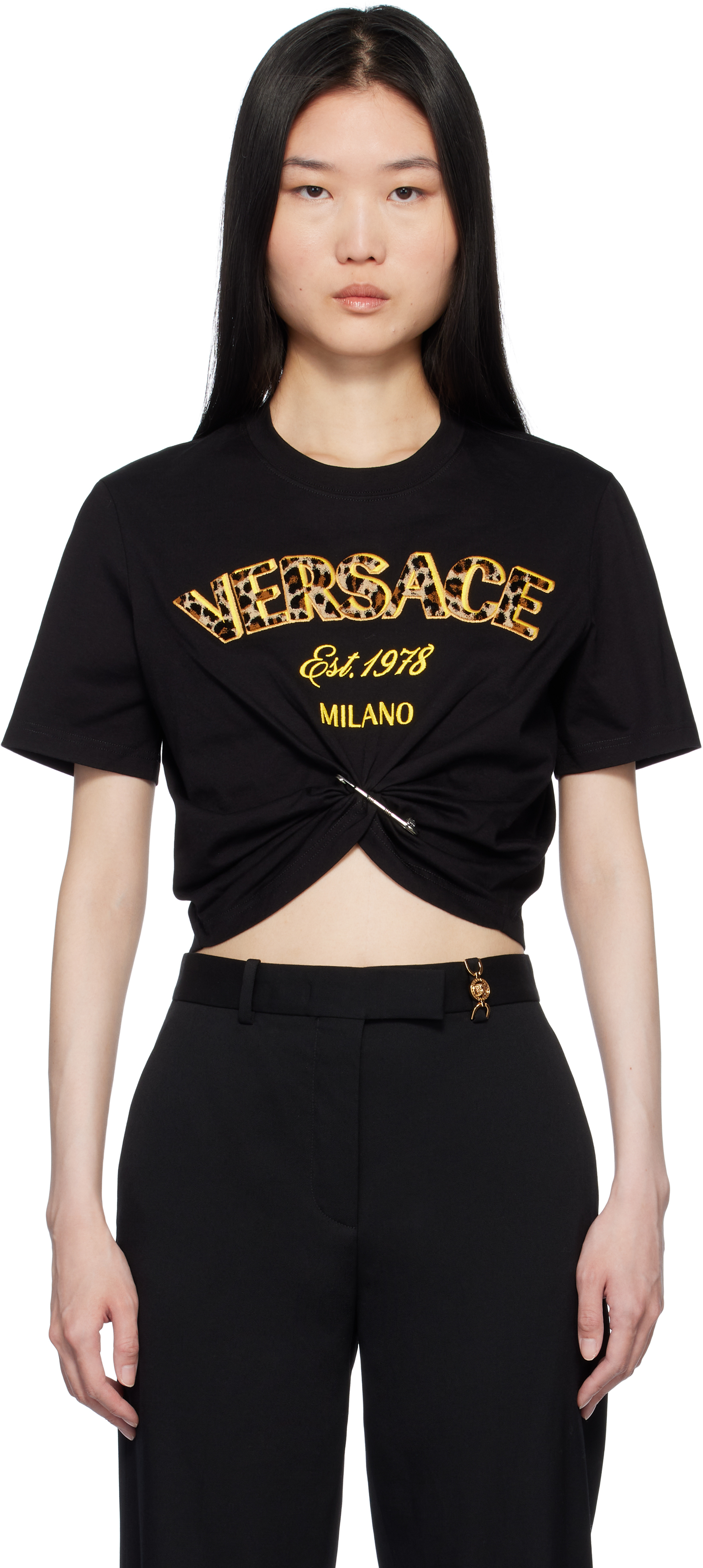 Black Wild Stamp Safety Pin Crop T shirt by Versace on Sale
