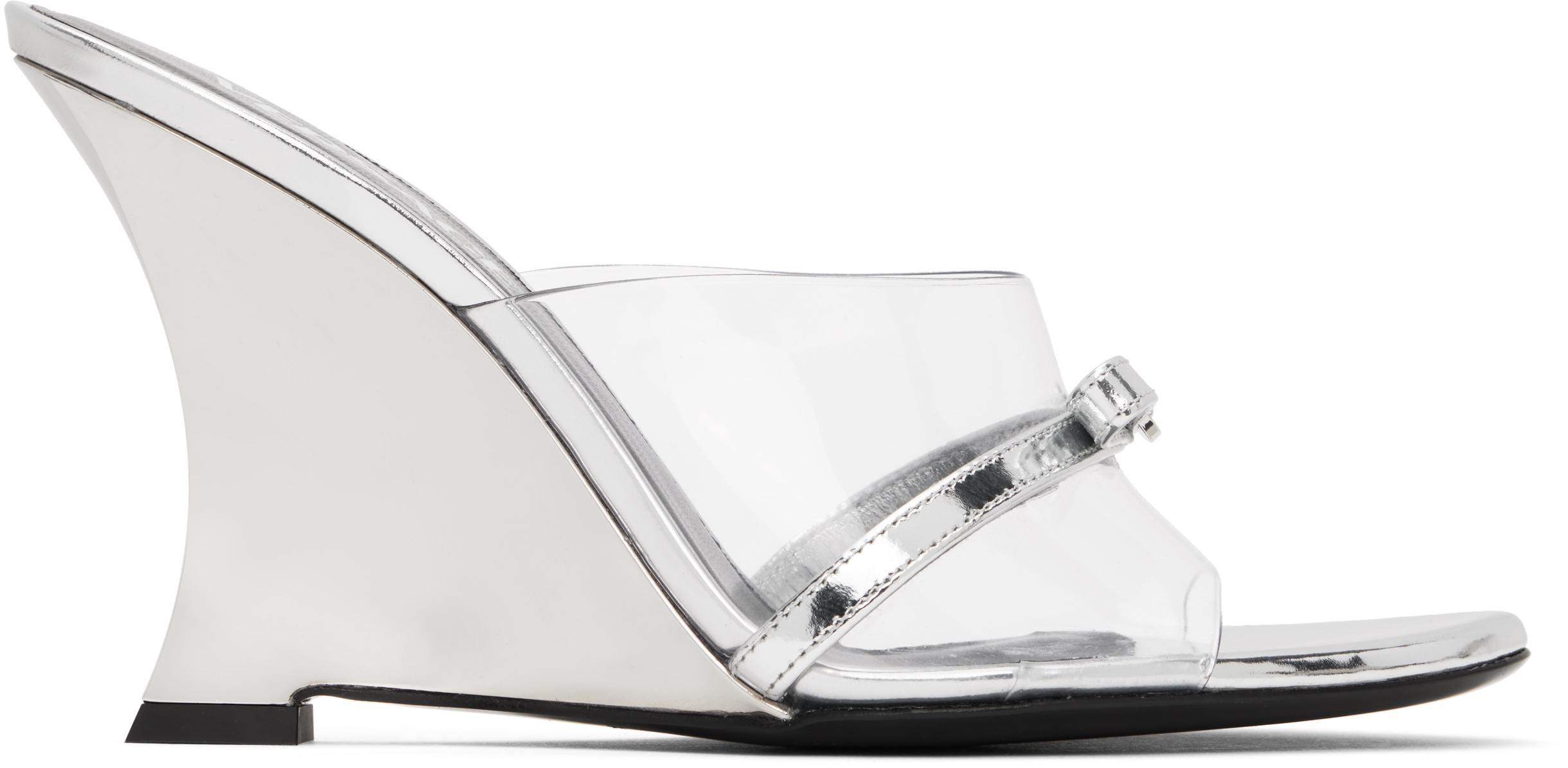 Versace: Silver Gianni Ribbon Wedge 95mm Mules | SSENSE