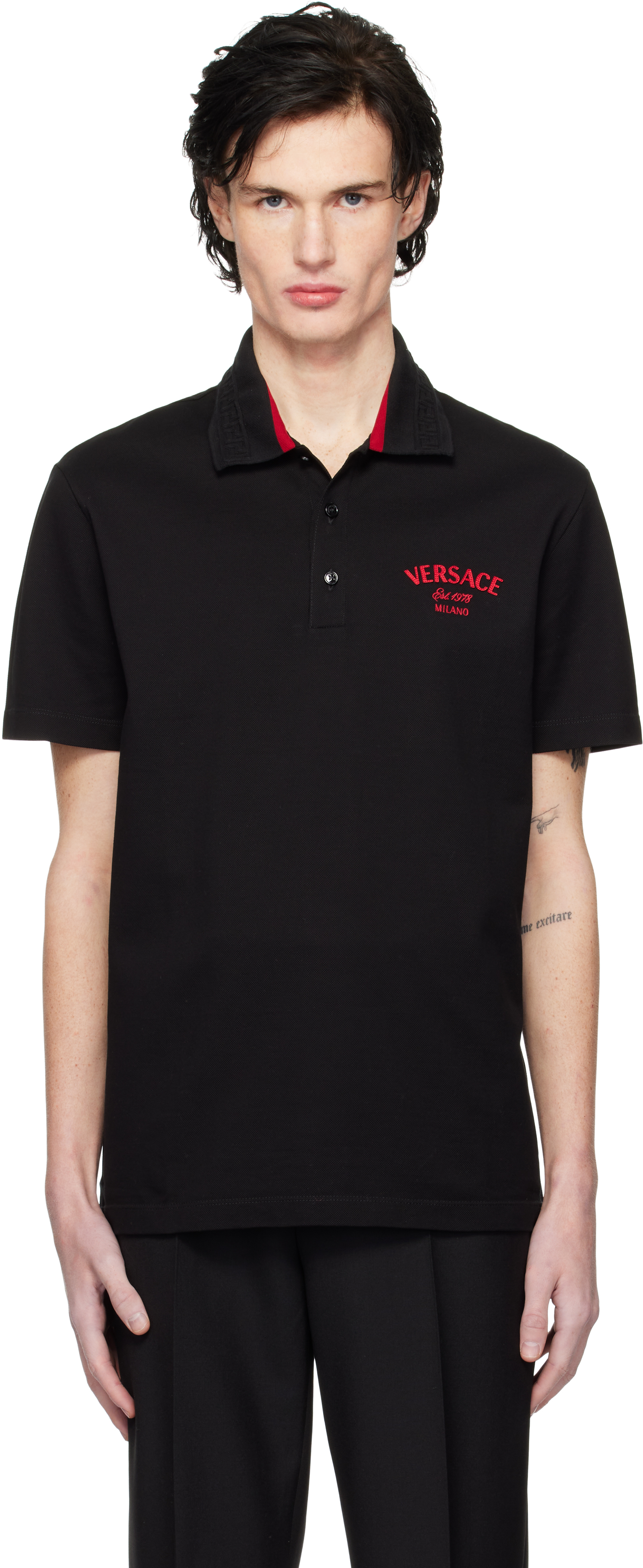 Versace: Black Embroidered 'Versace Milano' Stamp Polo | SSENSE