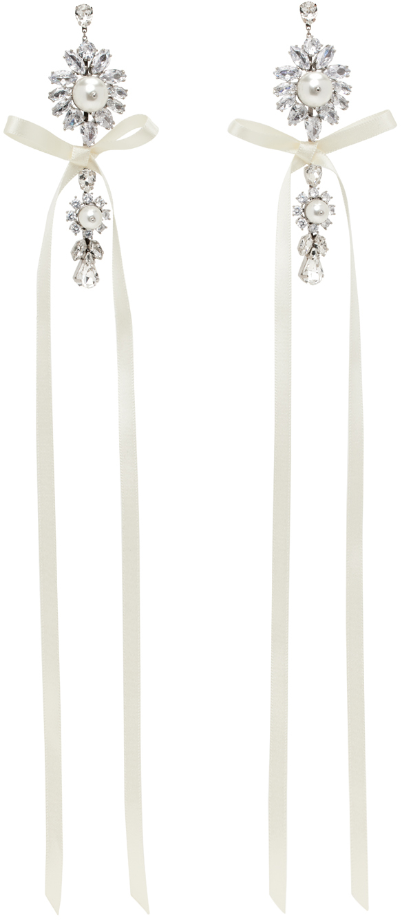 Simone Rocha: Silver & Off-White Long Crystal Crest Bow Earrings | SSENSE