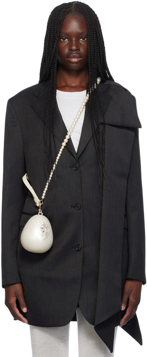 Gray Longline Shoulder Bow Plunge Blazer by Simone Rocha on Sale