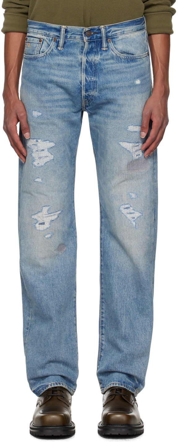 Blue Straight Fit Repaired Jeans by RRL on Sale