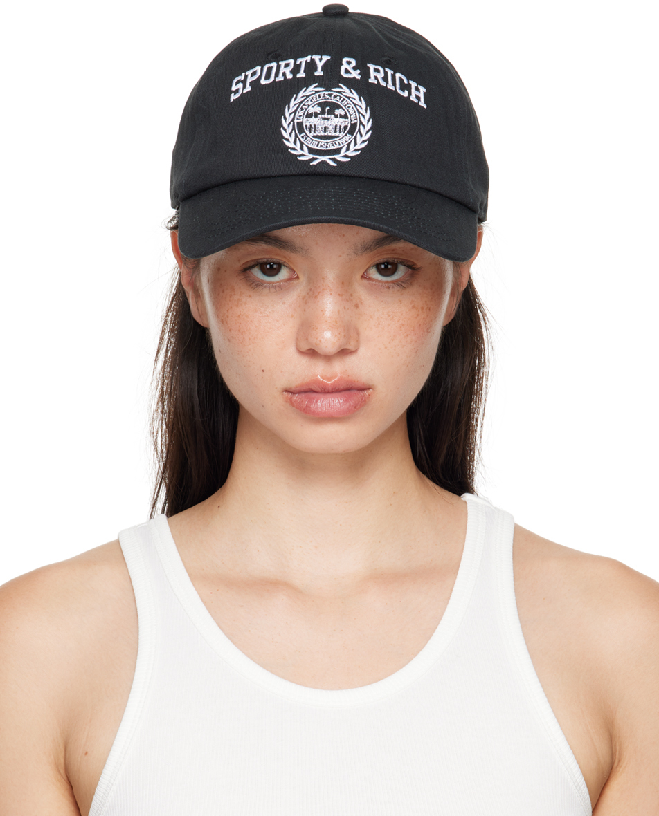 Sporty & Rich: Black Varsity Crest Cap | SSENSE