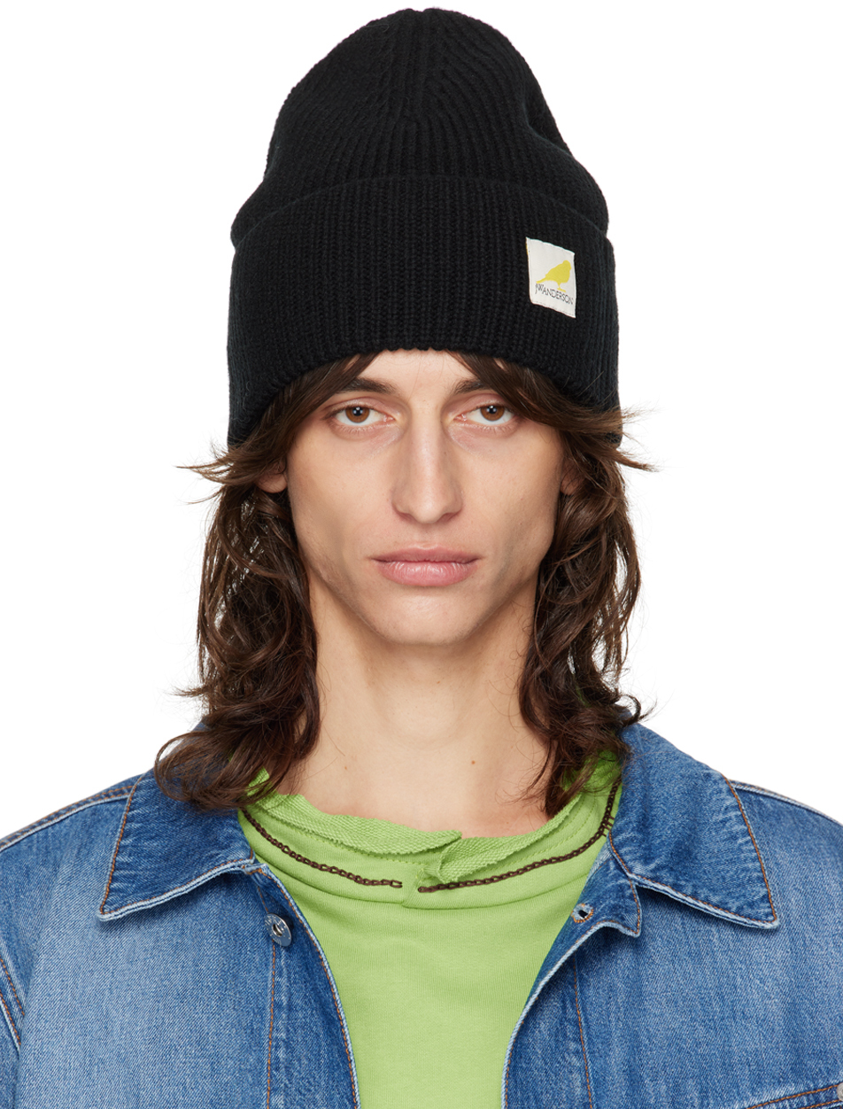 JW Anderson: Black Logo Patch Beanie | SSENSE