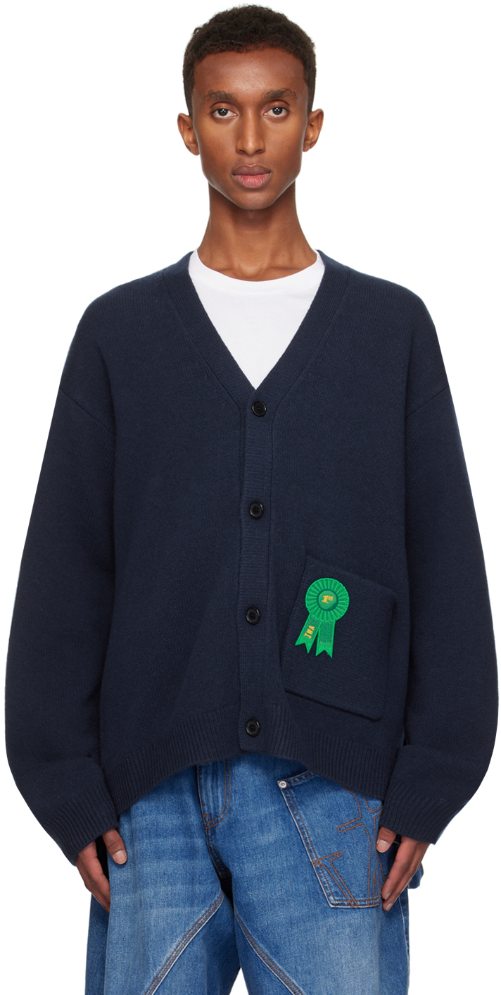Navy Rosette Patch Pocket Cardigan by JW Anderson on Sale