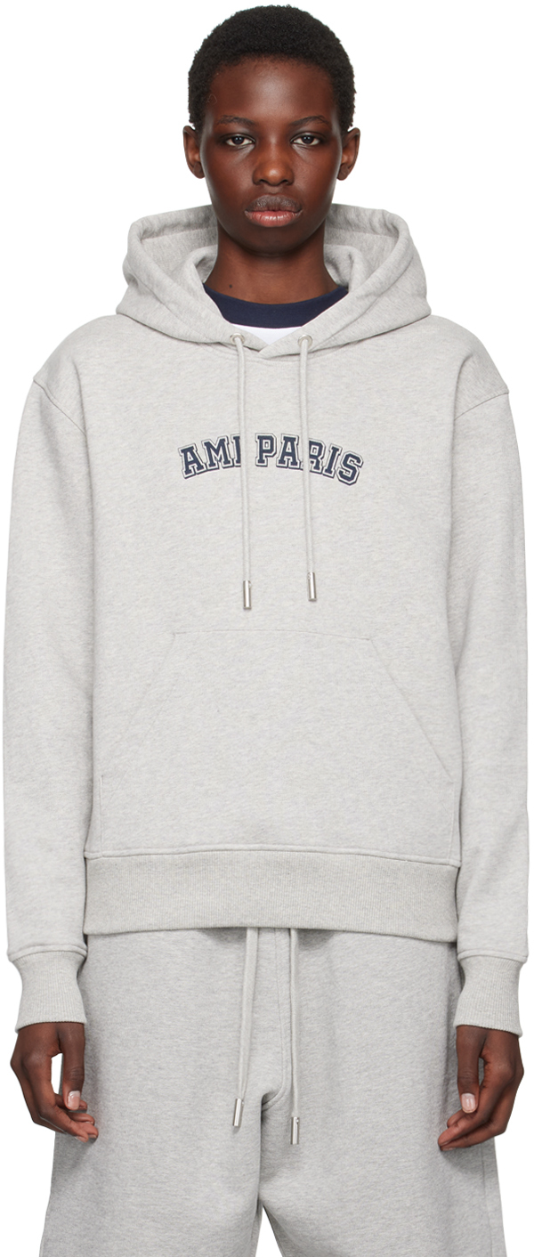 Pull à capuche gris à logos AMI Paris en solde