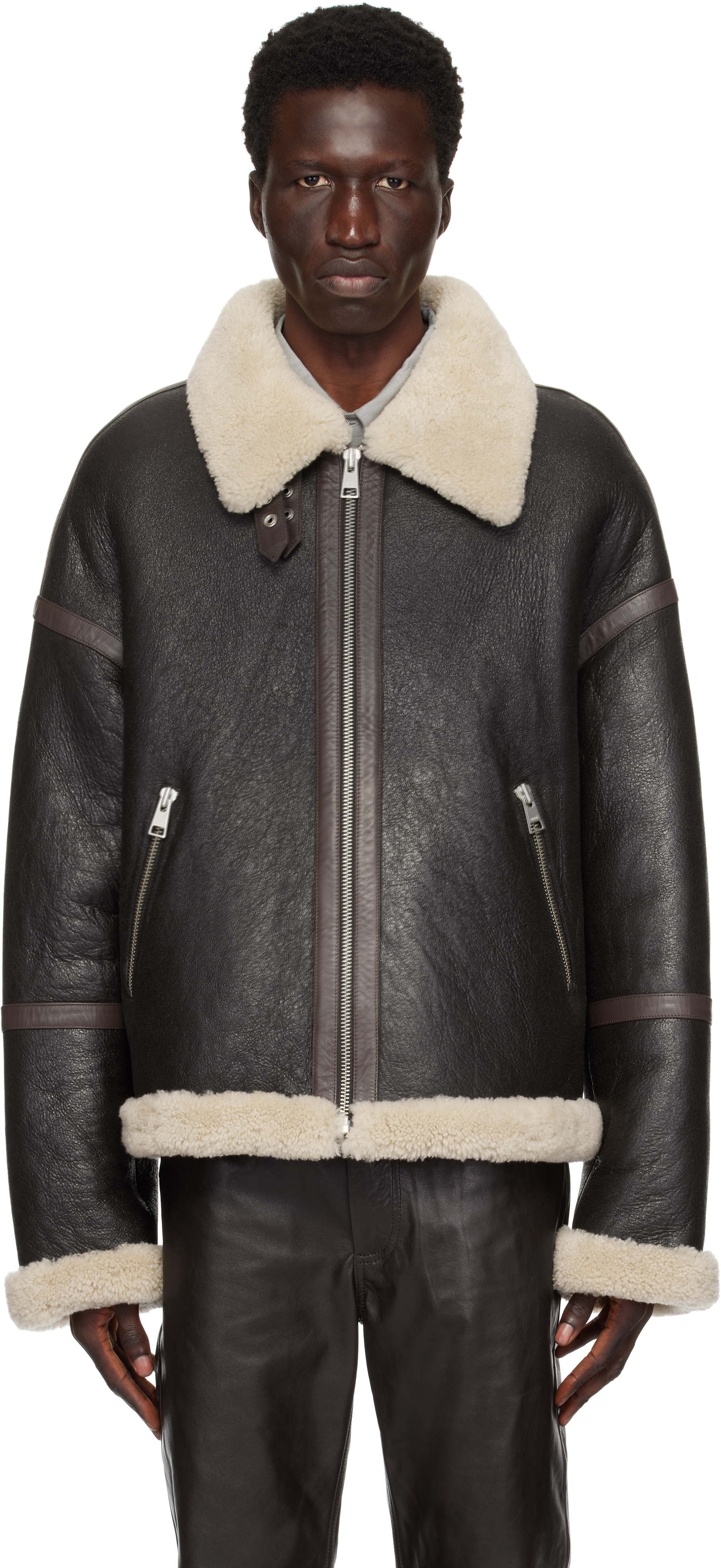 AMI Paris: Brown Shearling Zip Jacket | SSENSE UK