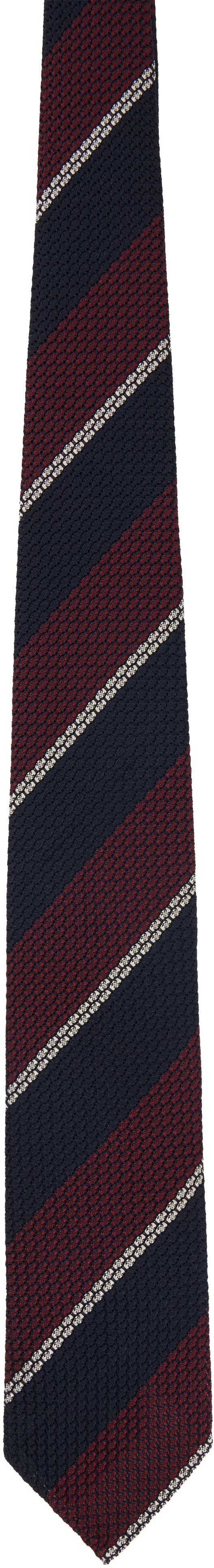 Drake's: Navy & Red Multi Stripe Hand Rolled Silk Grenadine Tie | SSENSE