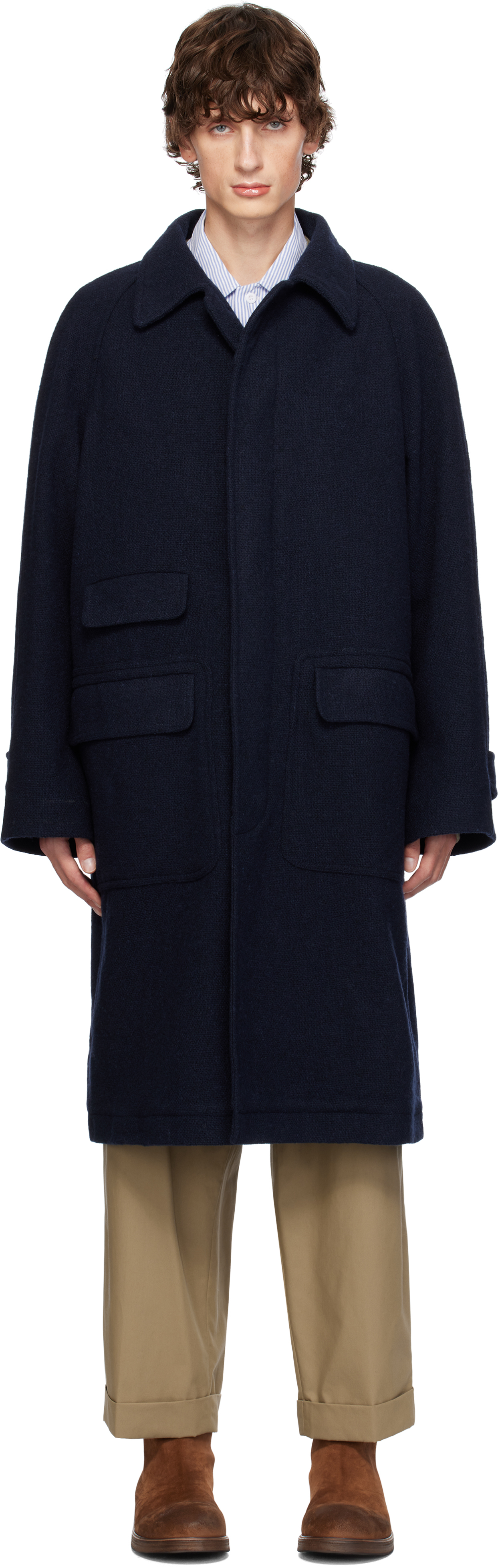 Navy Wool Raglan Coat by Drake's on Sale