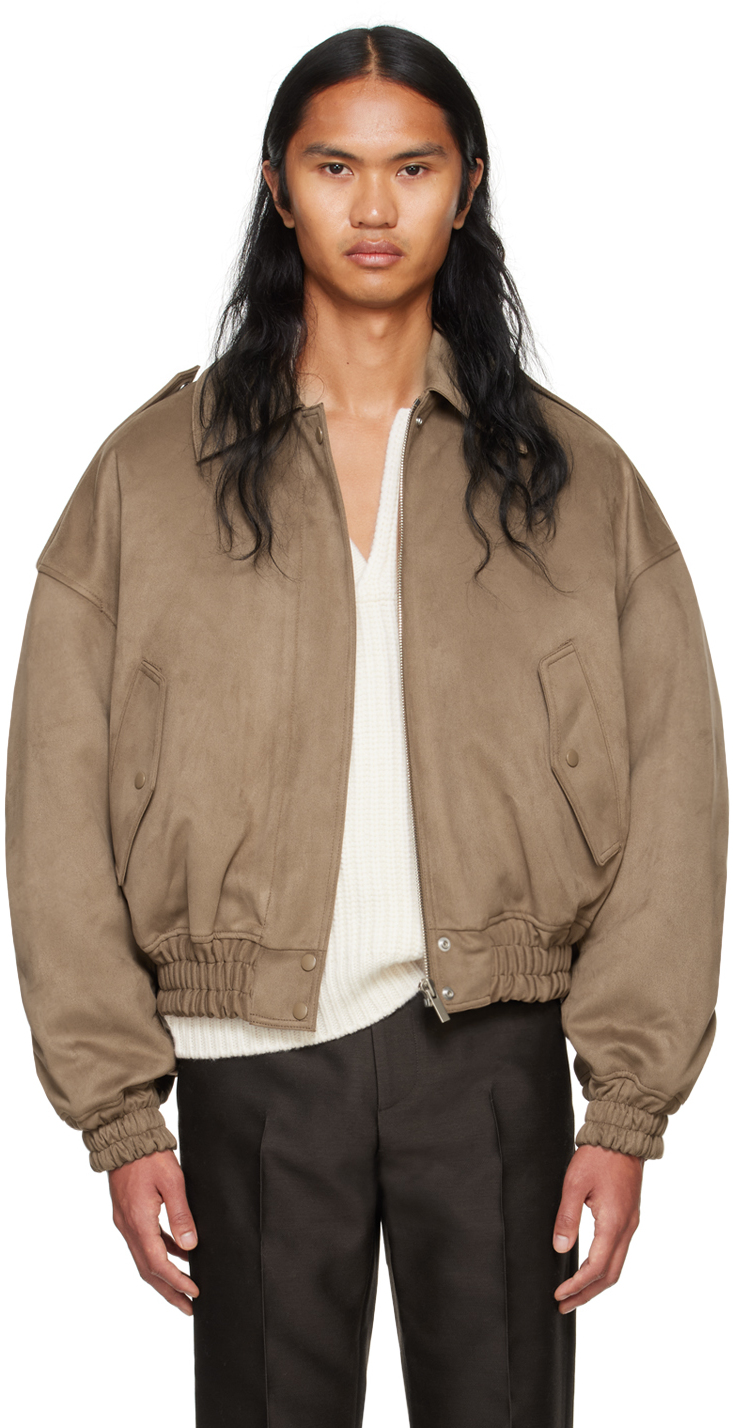 Brown Spread Collar Faux-Leather Bomber Jacket by System on Sale