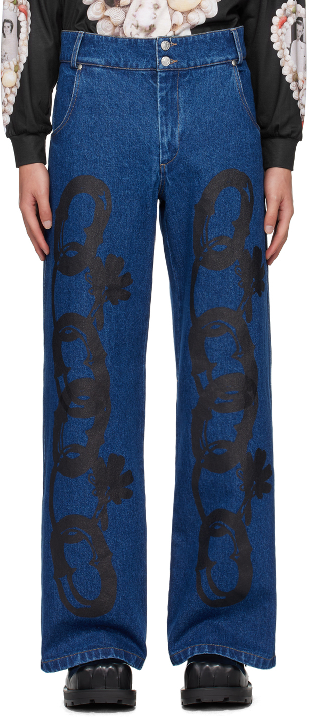 Chopova Lowena: Blue Chain Printed Jeans | SSENSE