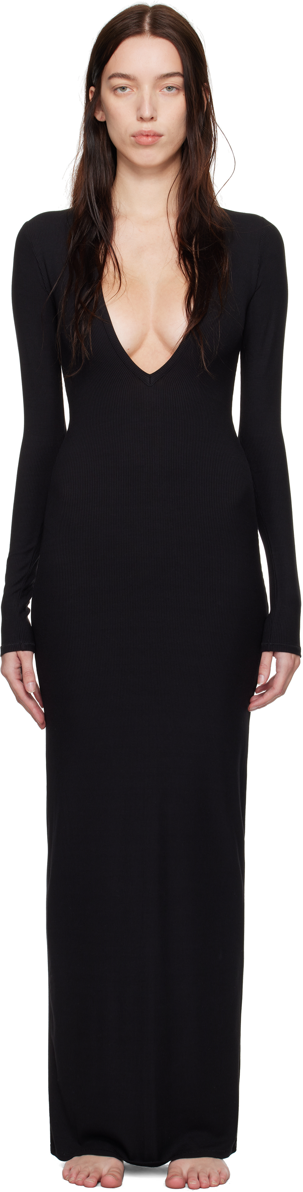 SKIMS: Black Soft Lounge Deep Plunge Maxi Dress | SSENSE UK