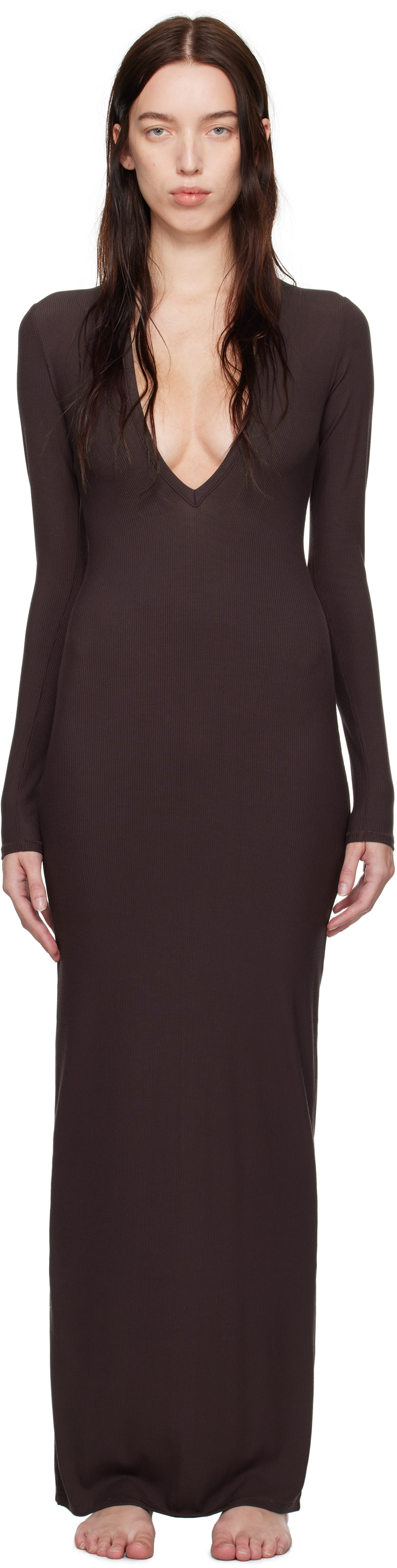 Burgundy Soft Lounge Deep Plunge Maxi Dress by SKIMS on Sale